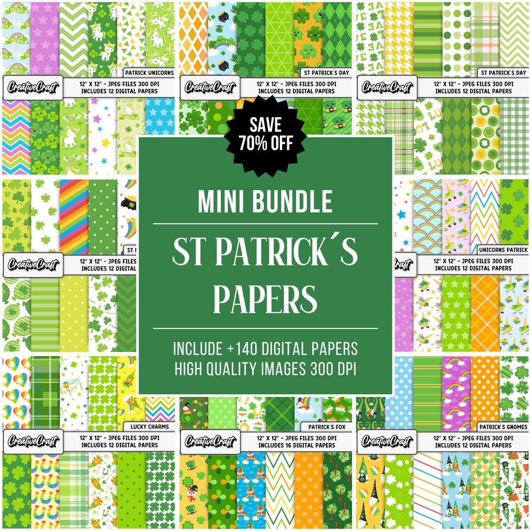 St Patrick Digital Paper Bundle 140+ Files 12x12, Green Shamrock ...