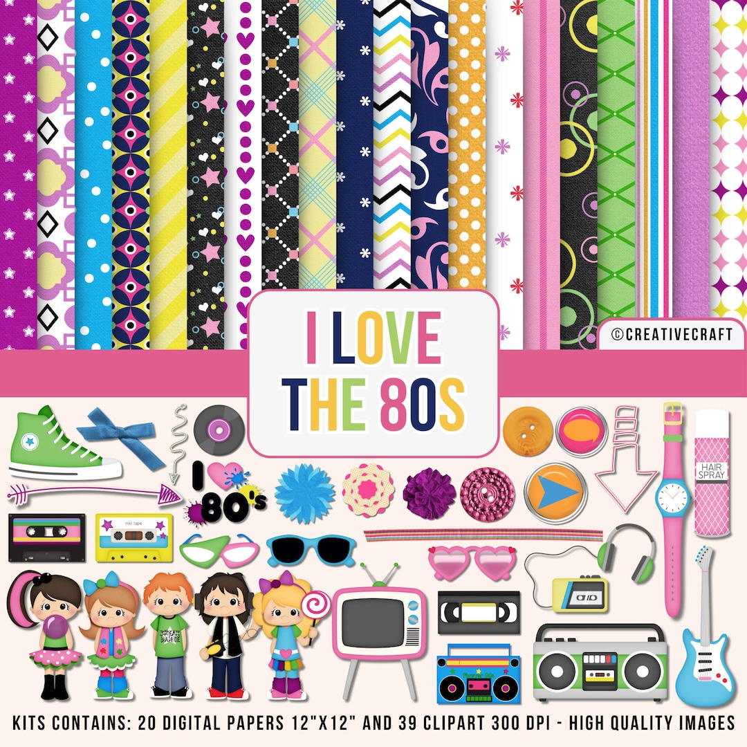 Kit 80s Retro Groovy Digital Paper and Clipart 300 DPI Maximum Quality ...