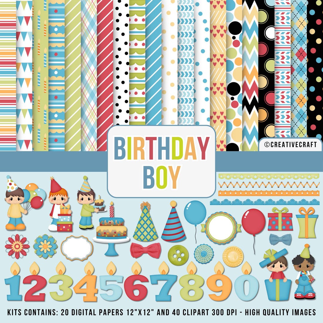 Kit Birthday Boy Digital Paper and Clipart 300 DPI Maximum Quality ...