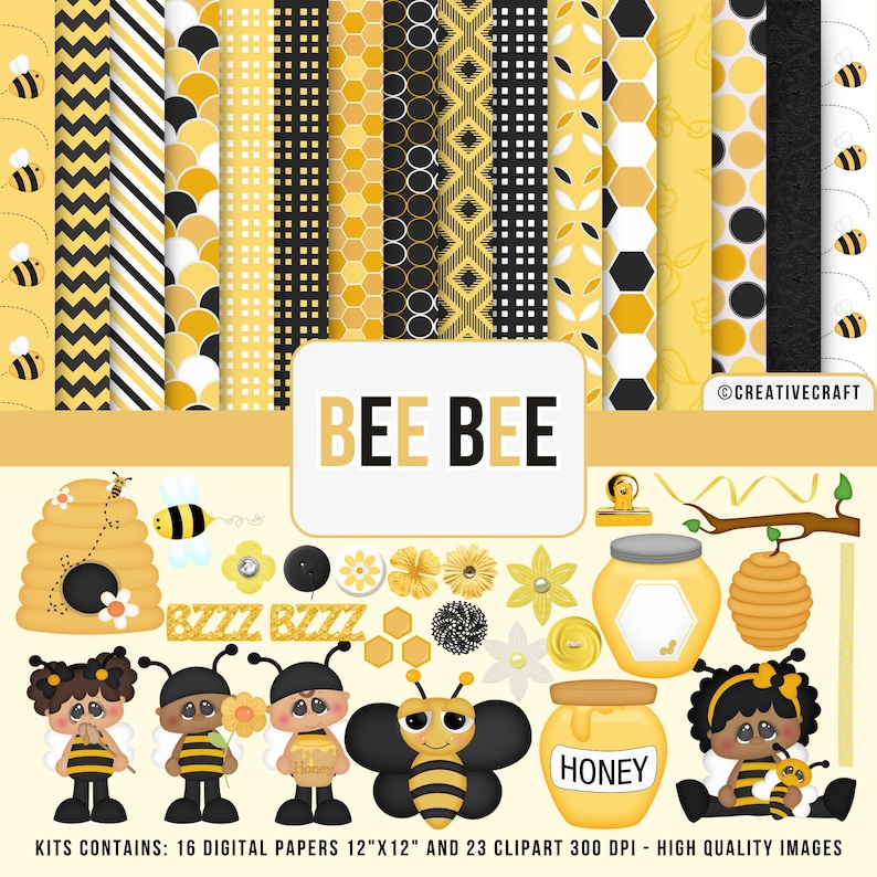 Kit Honey Bee Digital Paper and Clipart 300 DPI Maximum Quality,honey ...