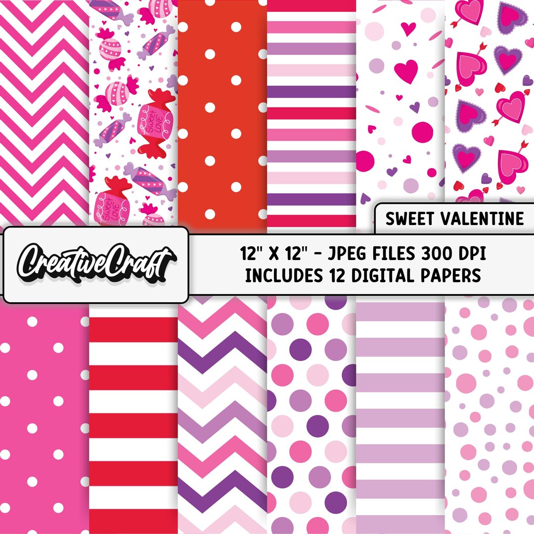 12 Sweet Valentine Digital Papers 12x12, Valentines Day Pink Hearts ...