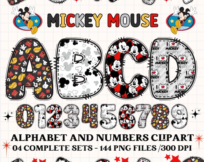 Mickey Mouse Alphabet Hand-drawn Clipart Letters and Numbers, Red Black ...