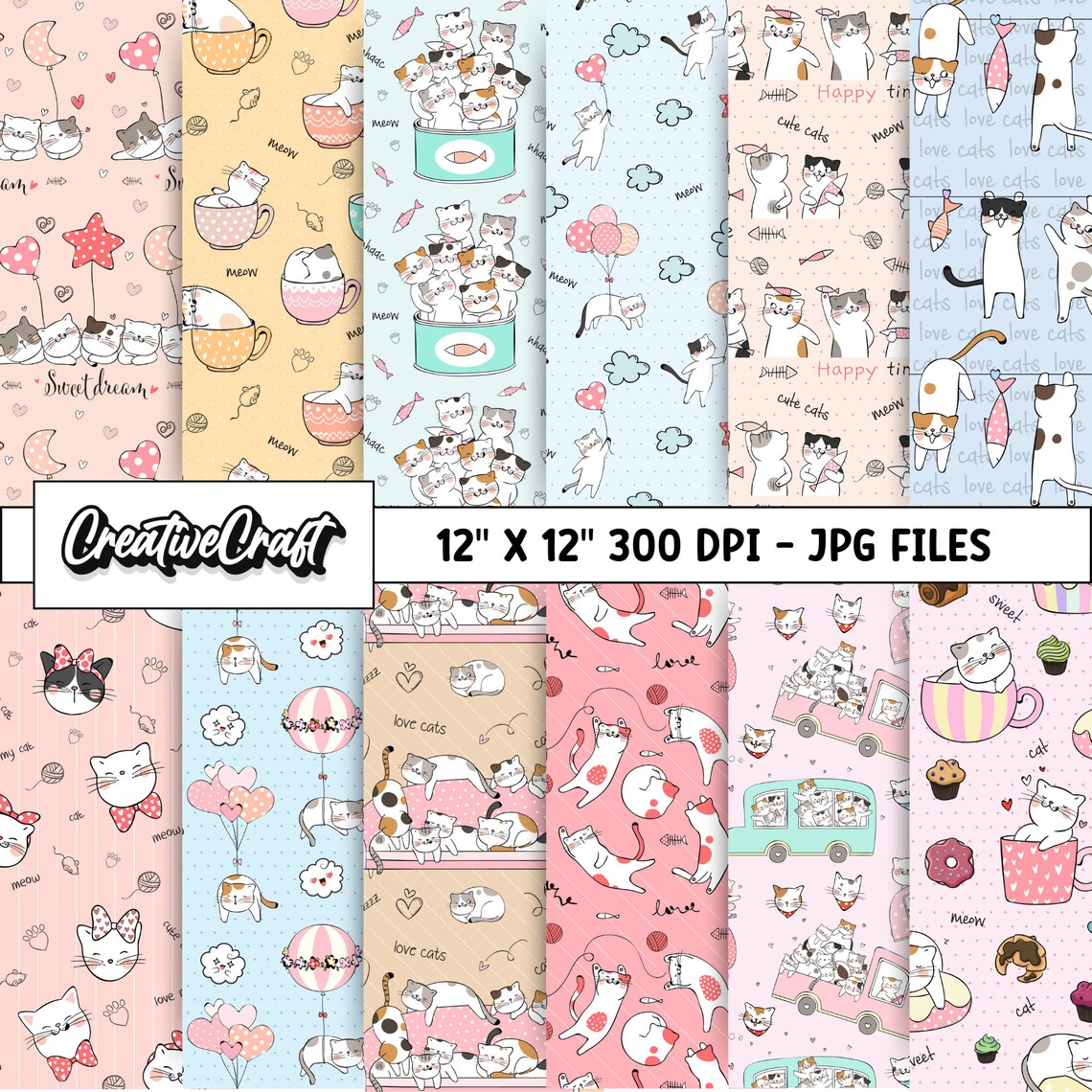 12 Cute Cats Digital Papers 300 DPI Highest Quality, Cute Cats ...