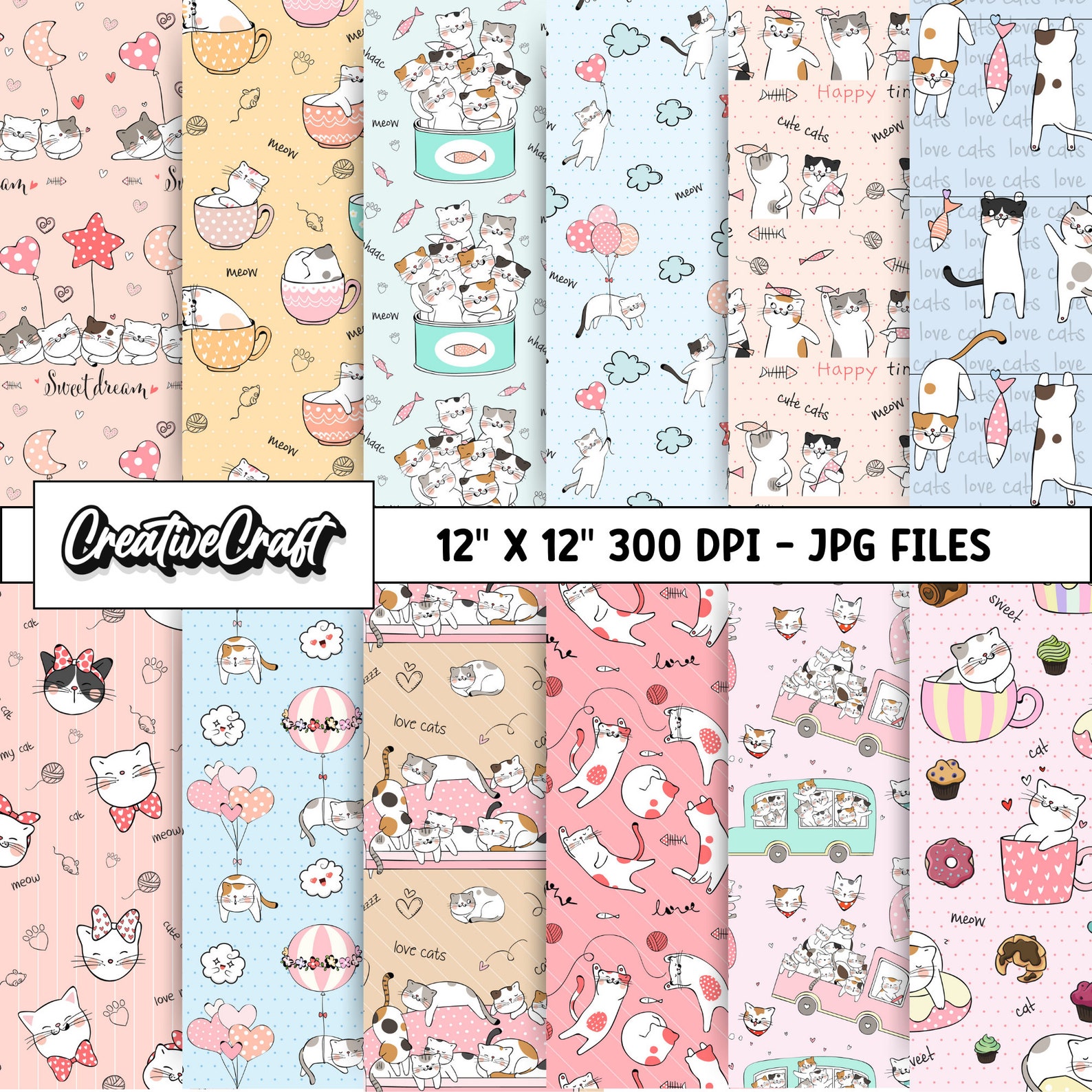 12 Cute Cats Digital Papers 300 DPI Highest Quality, Cute Cats ...