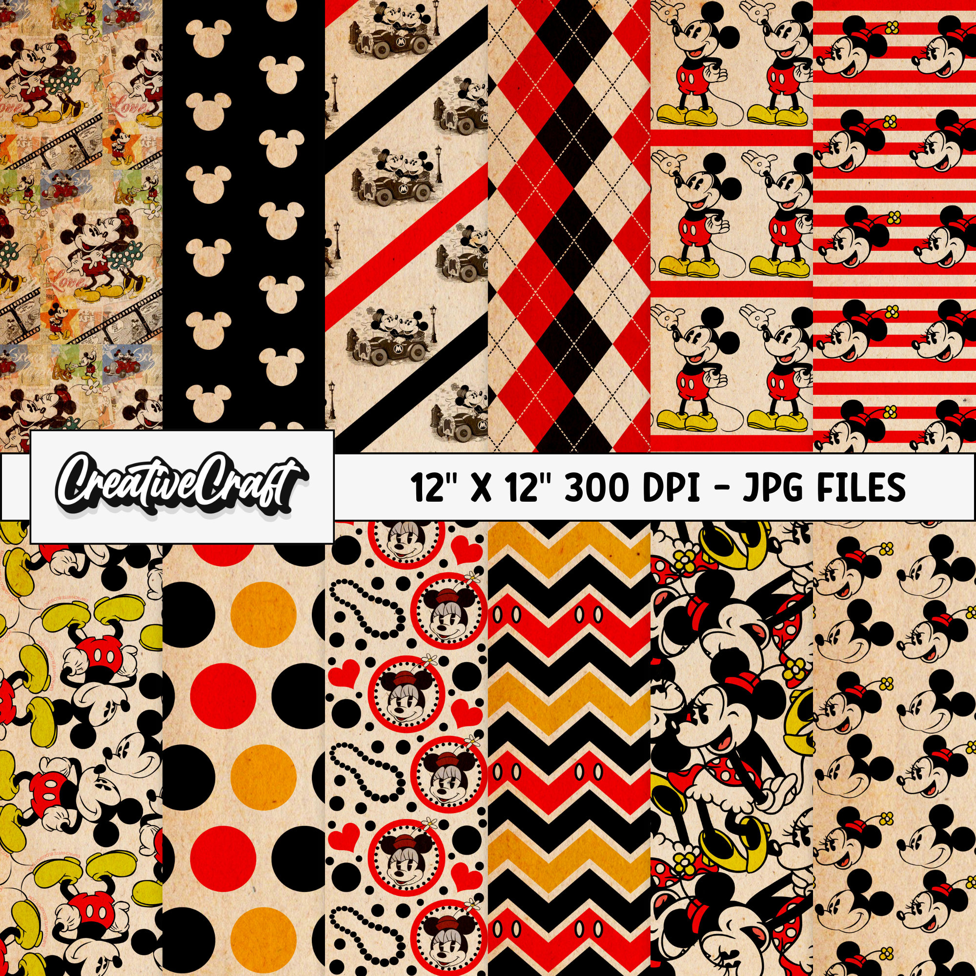12 Mickey Vintage Digital Papers 300 DPI Maximum Quality, Mickey ...