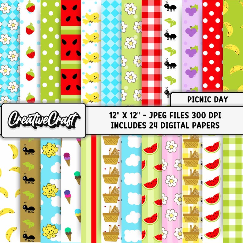24 Picnic Digital Papers 300 DPI Highest Quality, Picnic Scrapbook ...
