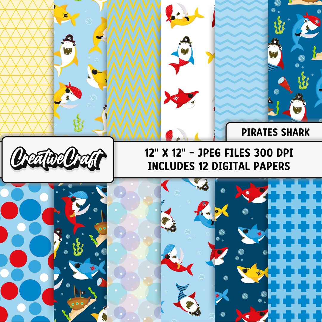 12 Pirates Sharks Digital Papers 300 DPI Maximum Quality, Pirates ...