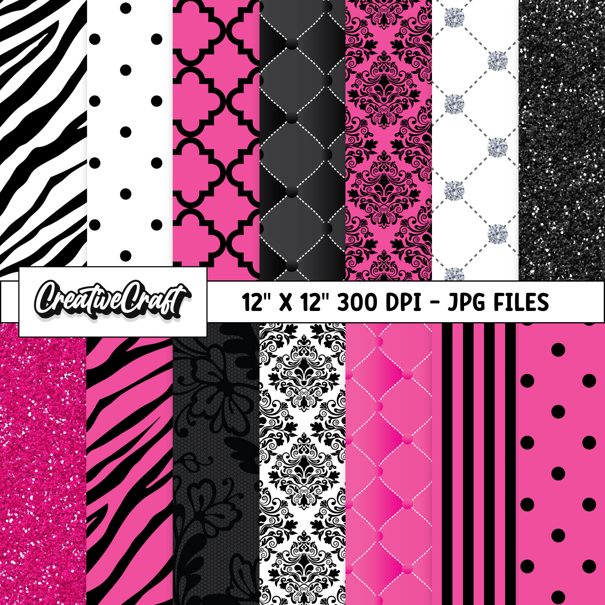 14 Pink Black Digital Papers 300 DPI Maximum Quality, Pink Black ...