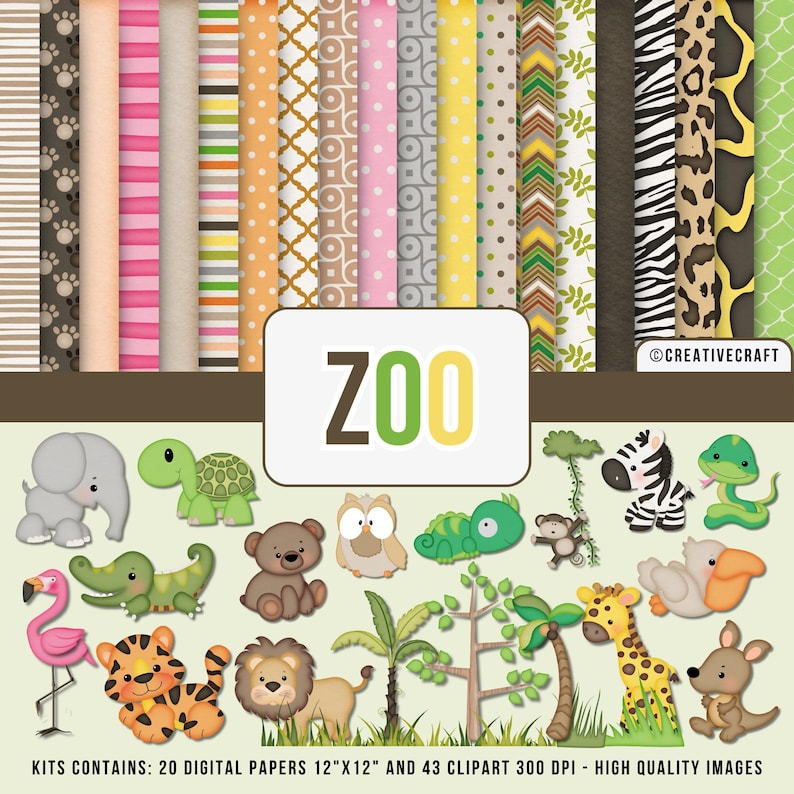 Kit Zoo Animals Digital Paper and Clipart 300 DPI Maximum Quality, Zoo ...
