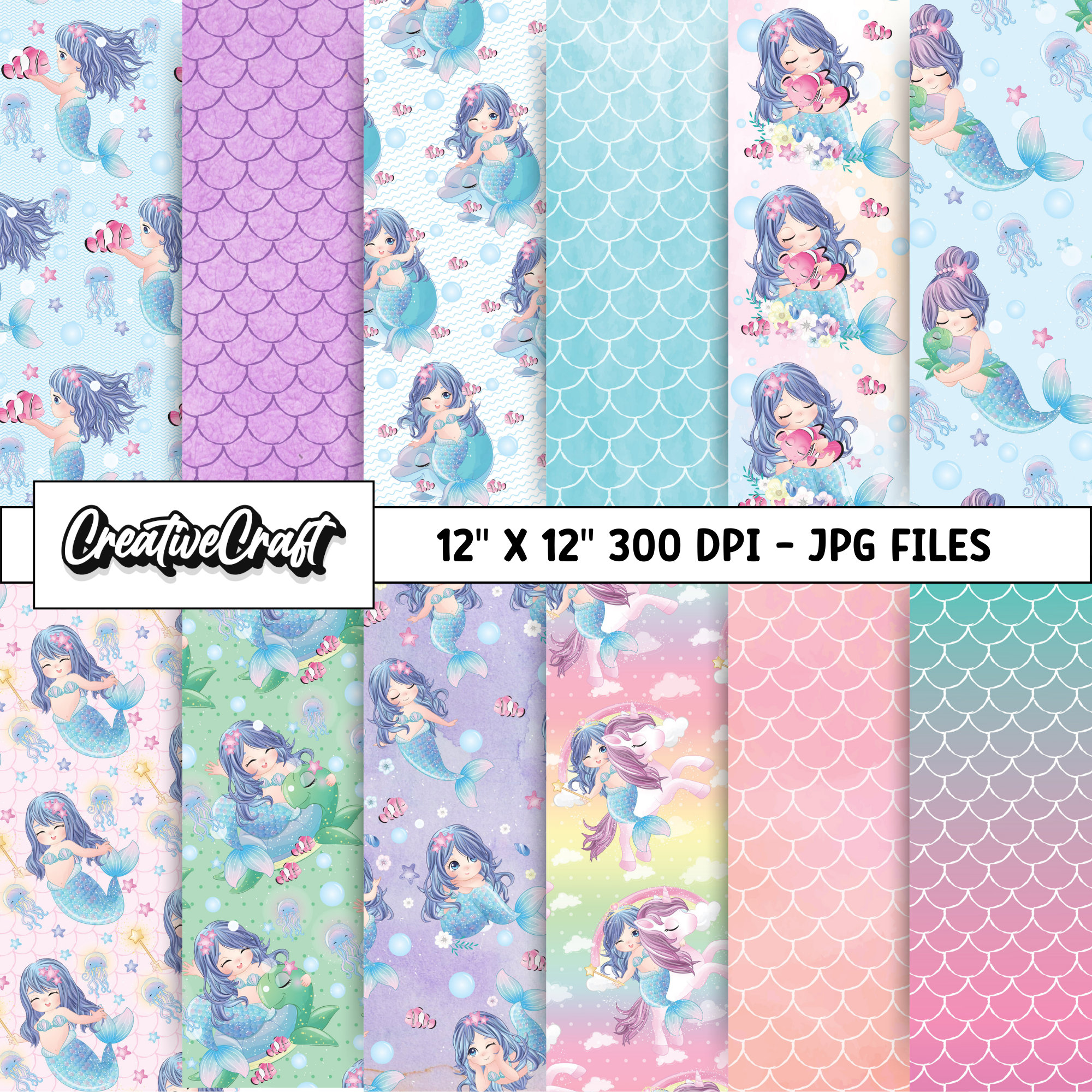 12 Little Mermaid Digital Papers 300 DPI Maximum Quality, Princess ...