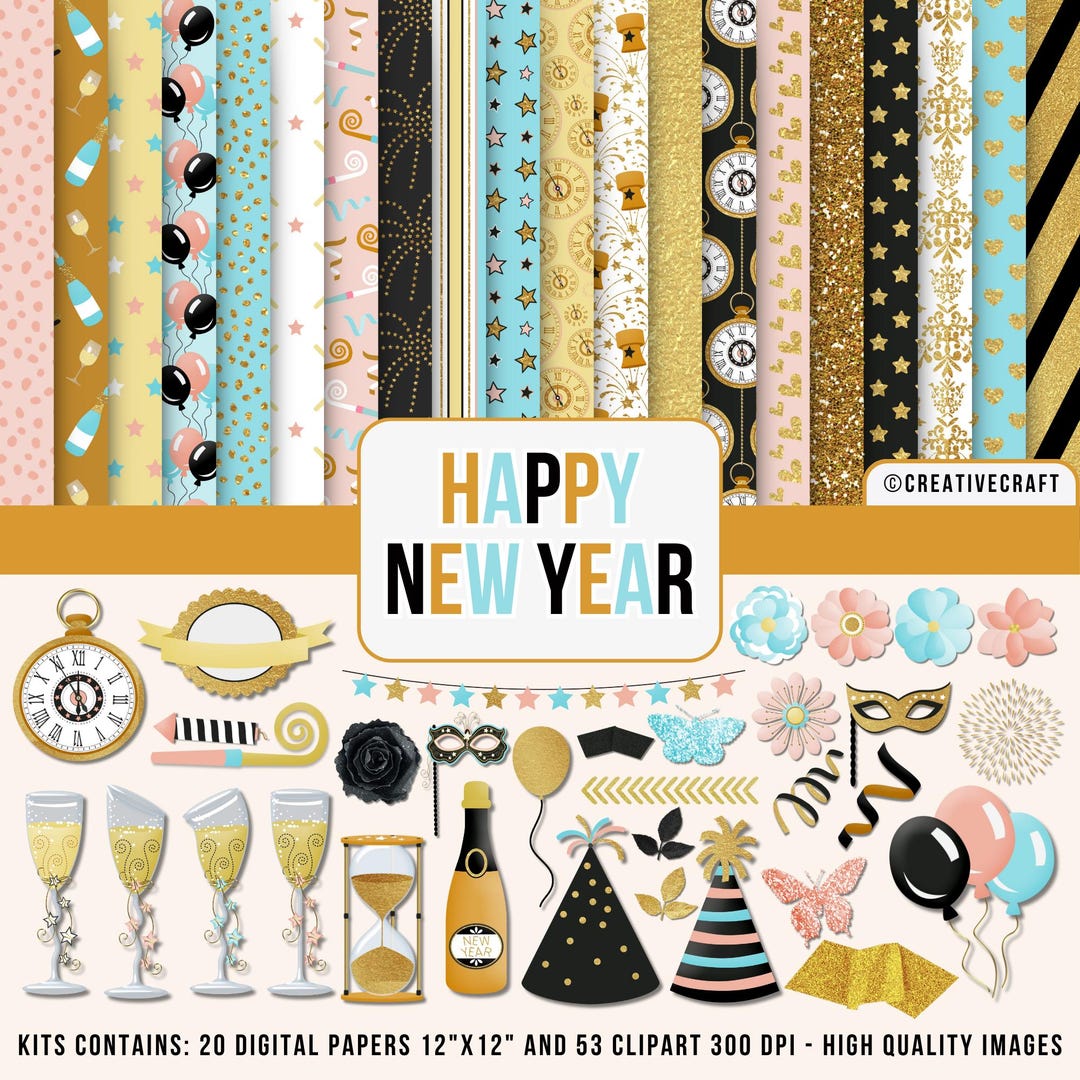 Kit Happy New Year Digital Paper and Clipart 300 DPI Maximum Quality ...