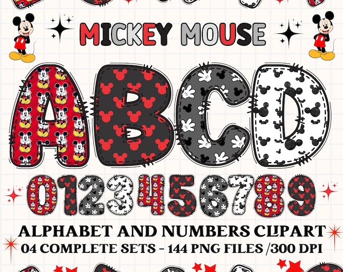 Mickey Mouse Alphabet Hand-drawn Clipart Letters and Numbers, Red Black ...