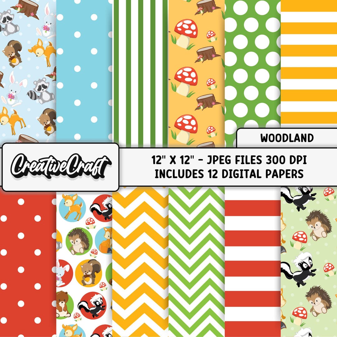 12 Woodland Digital Papers 12"x12", Cute Forest Animals Mushroom Papers ...