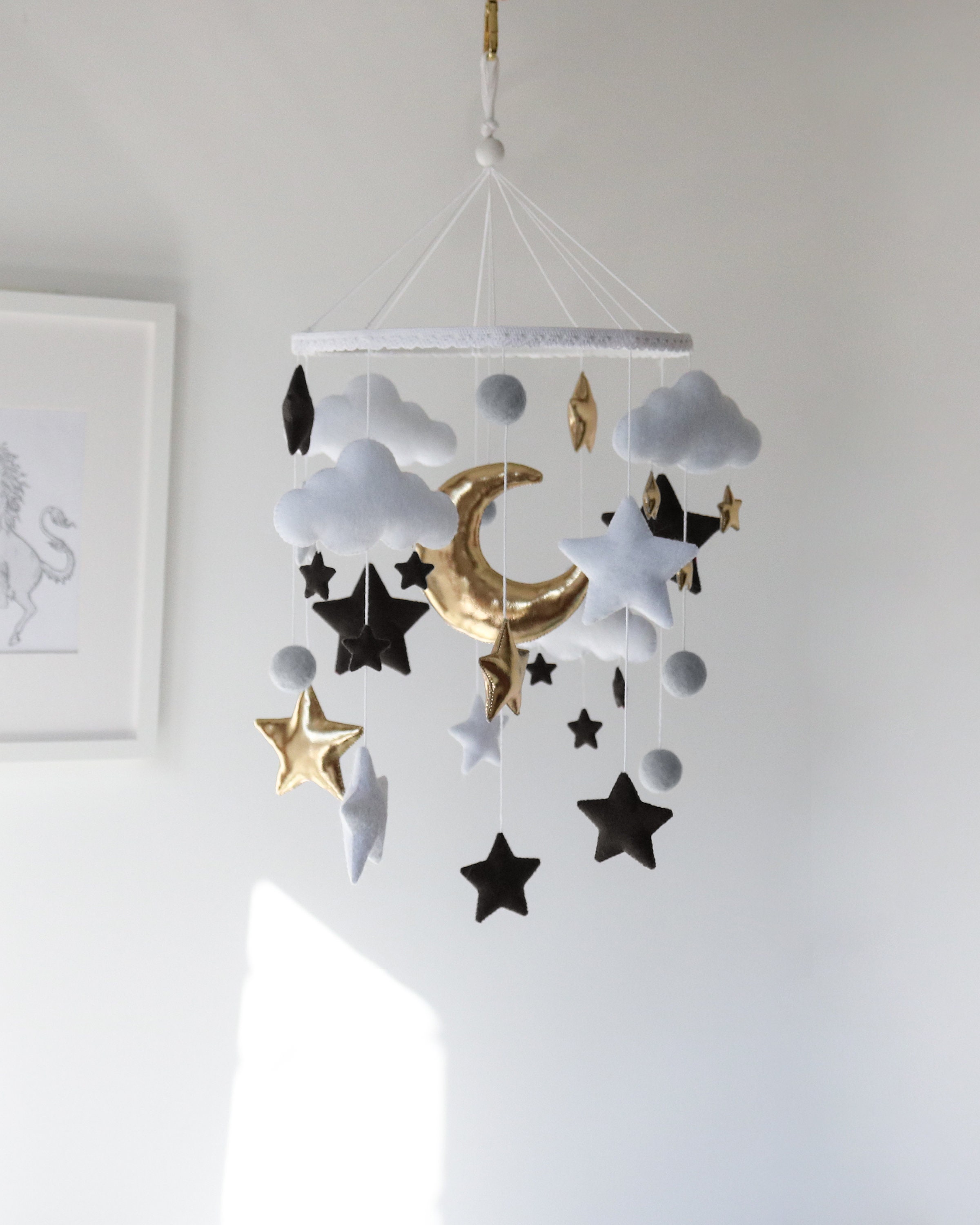 Gold Stars Nursery Mobile Gold Black Nursery Decor Gold Moon Stars ...