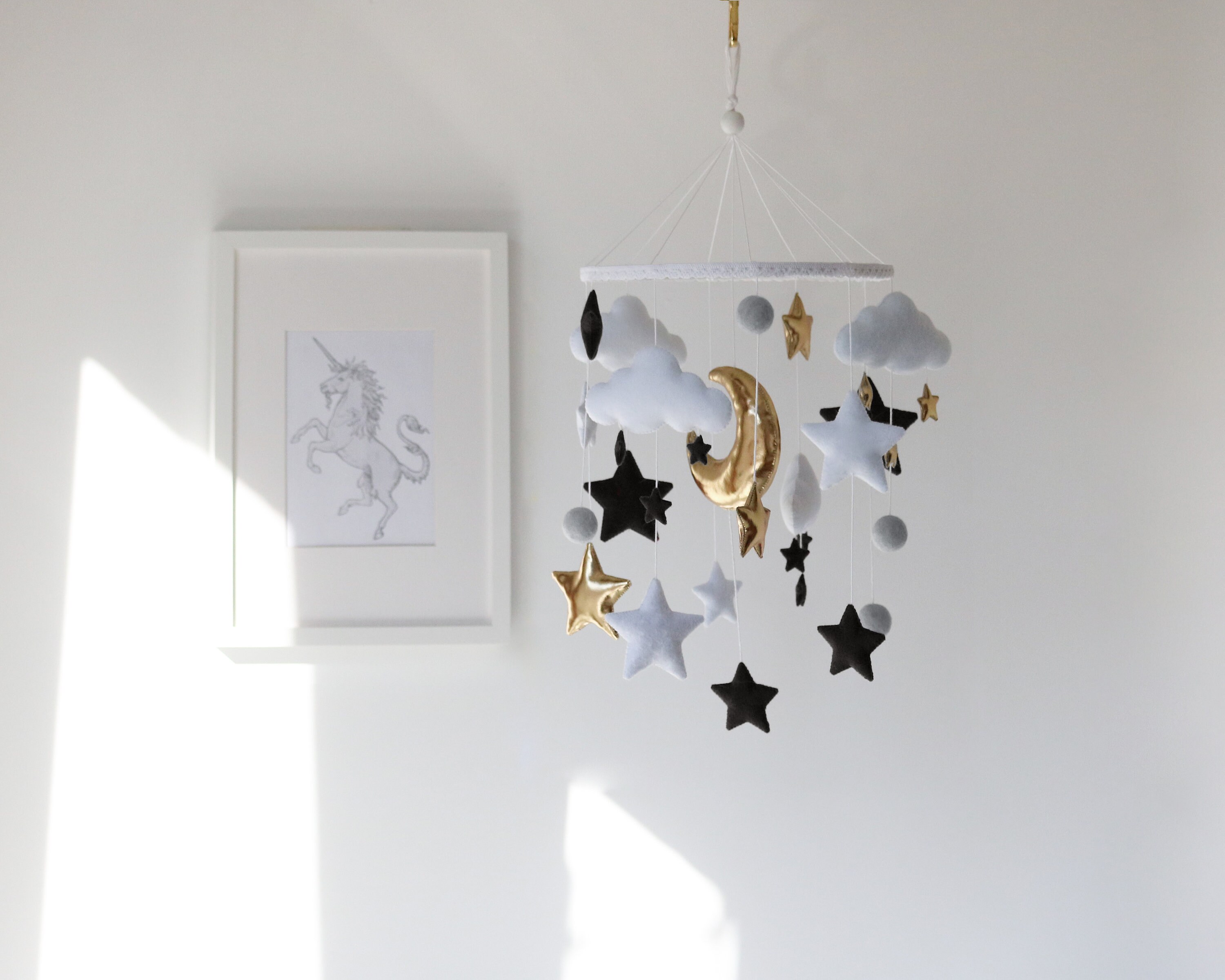 Gold Stars Nursery Mobile Gold Black Nursery Decor Gold Moon Stars ...