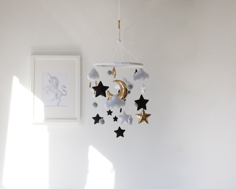 Gold Stars Nursery Mobile Gold Black Nursery Decor Gold Moon Stars ...