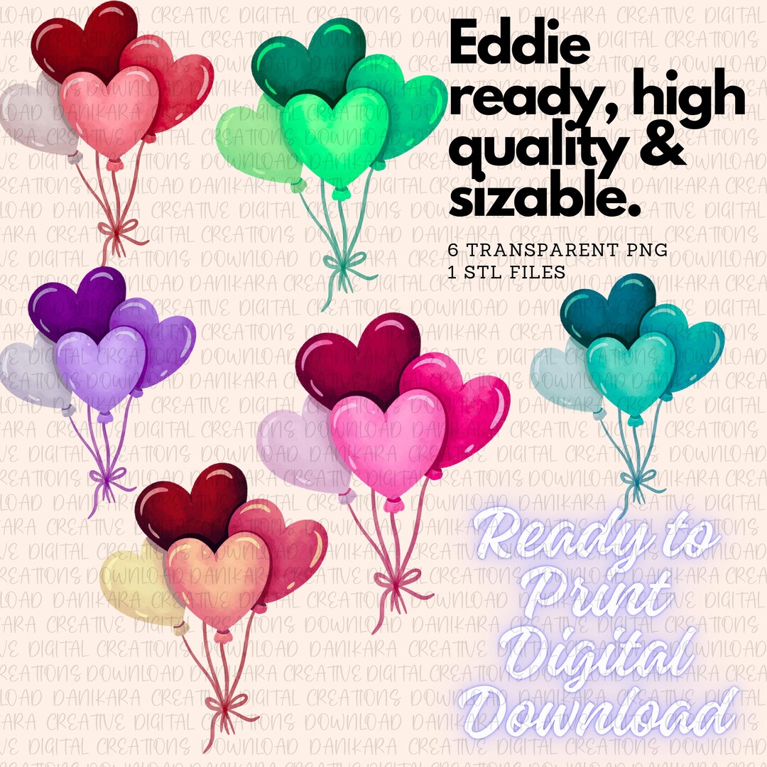 Valentine's Day Heart Balloons PNG and STL, Valentine's PNG, Valentine ...