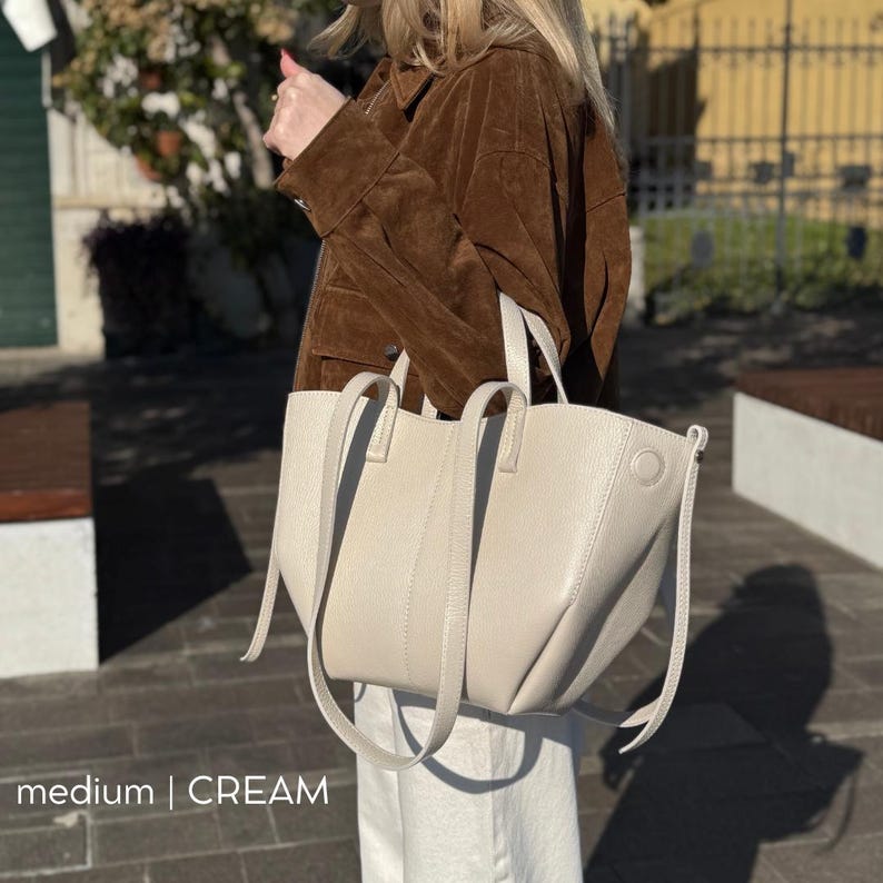 Handmade Italian Leather Tote Bag for Women, Large Cream Leather Work ...