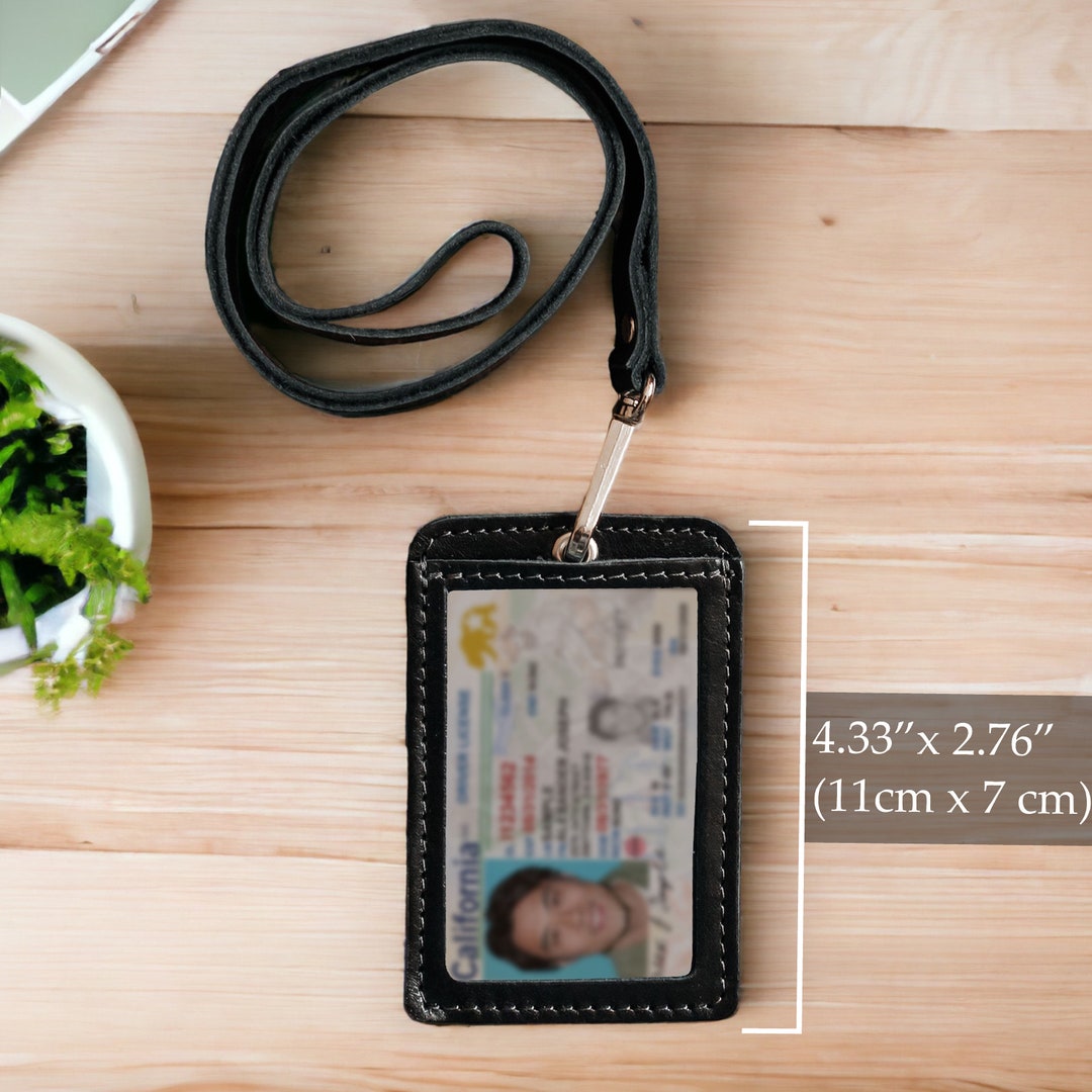 Custom Leather ID Card Wallet With Lanyard Personalizable Badge Holder ...