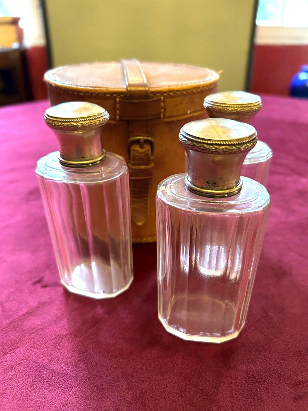 French Vintage Cologne Perfume Bottle, Silver Tops, Set of 3 in Leather ...
