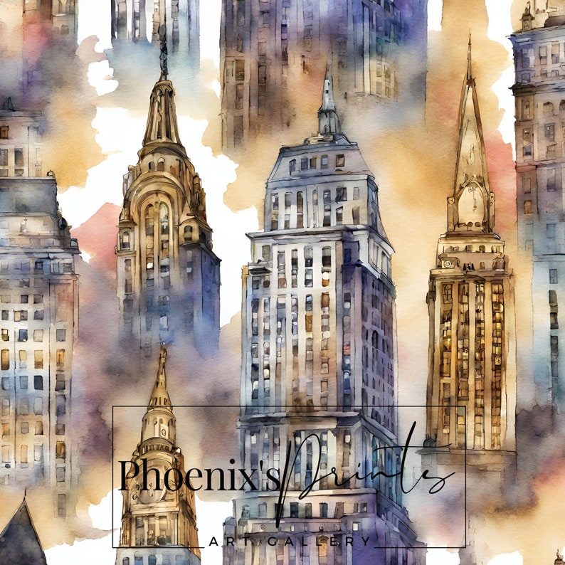 Set of 3 New York City Watercolor Digital Download | Watercolor Skyline ...