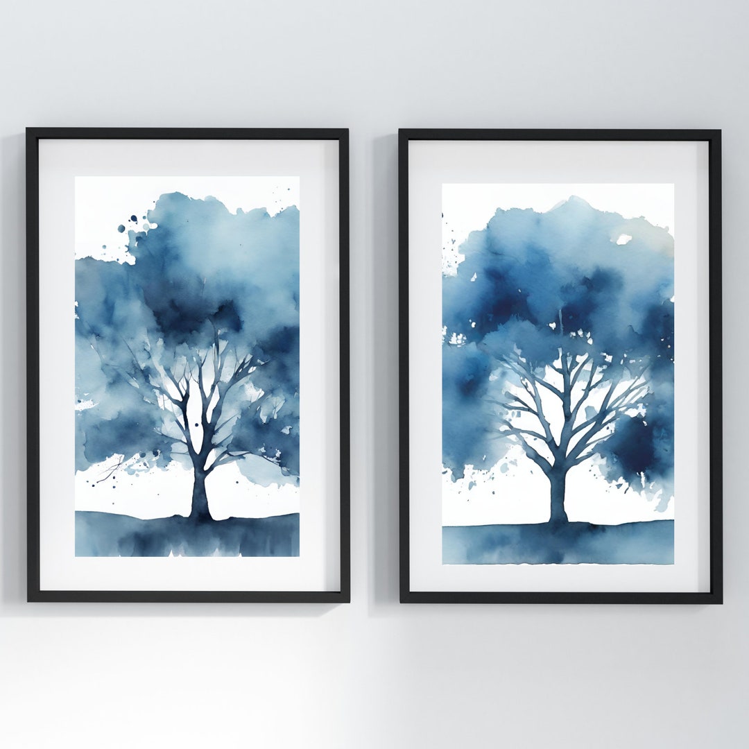 Set of 2 Blue Watercolor Tree Digital Art | Digital Painting | Blue ...