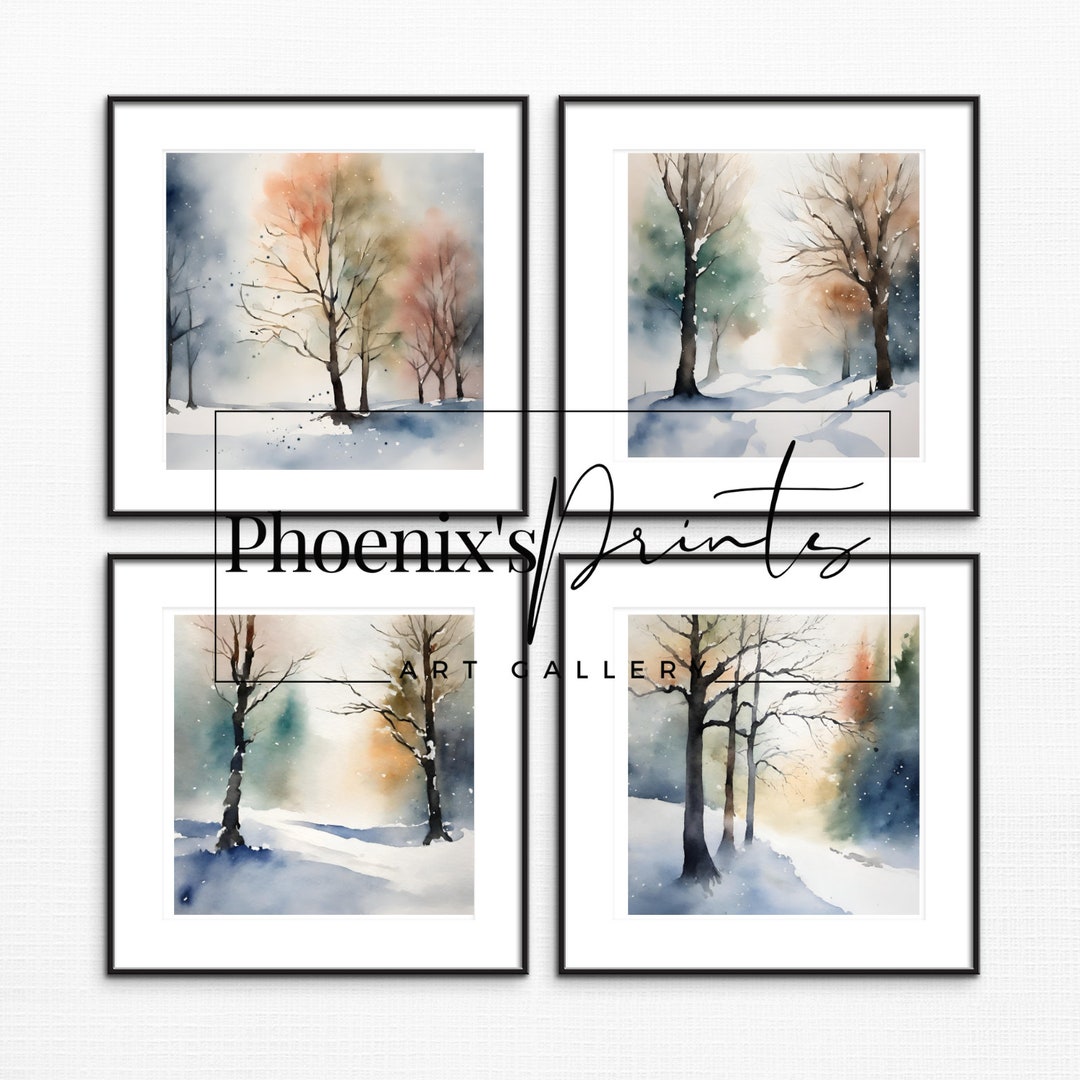 Set of 4 Blue Winter Tree Watercolor Digital Download | Blue Minimalist ...