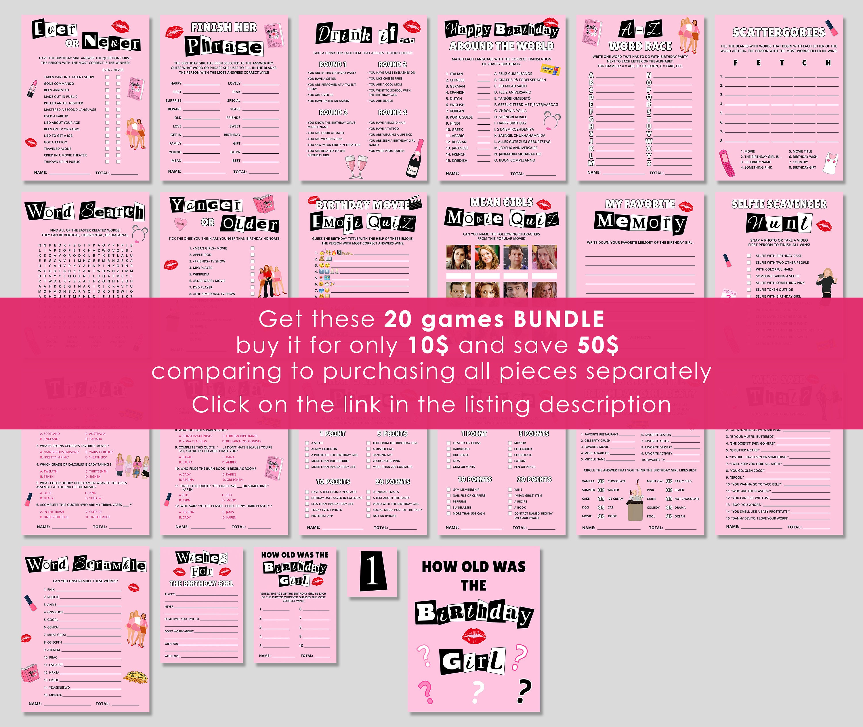 Mean Girls Quiz Game, Mean Girls Theme Birthday | Bachelorette Activity ...