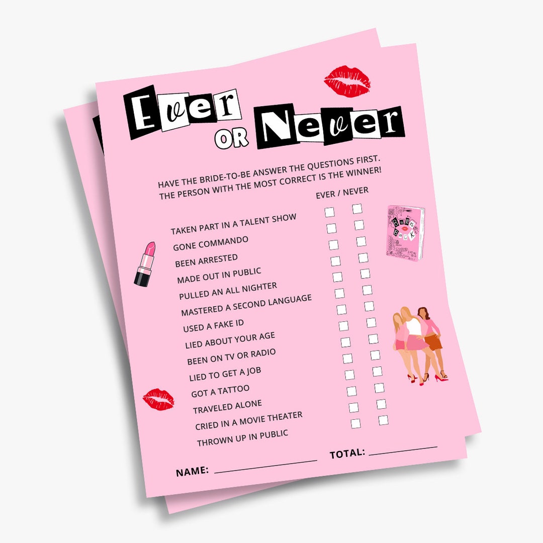 Ever or Never Game, Mean Girls Theme Bridal Shower Party Game, Would ...