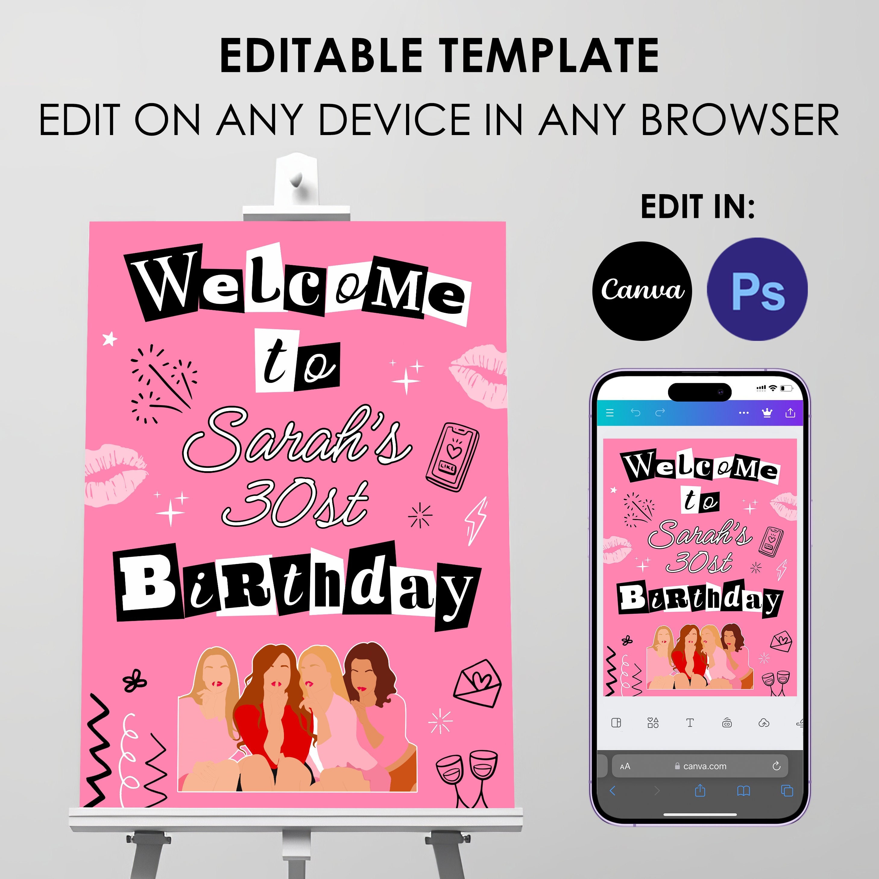Mean Girls Birthday Welcome Sign, Burn Book Theme, Editable, Canva ...