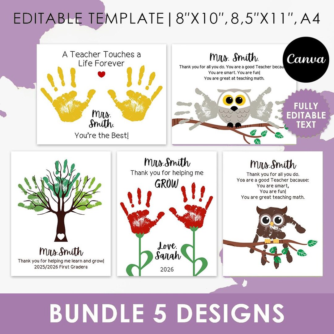 Teacher Appreciation Handprint Art Craft Bundle, DIY, Editable, Teacher ...