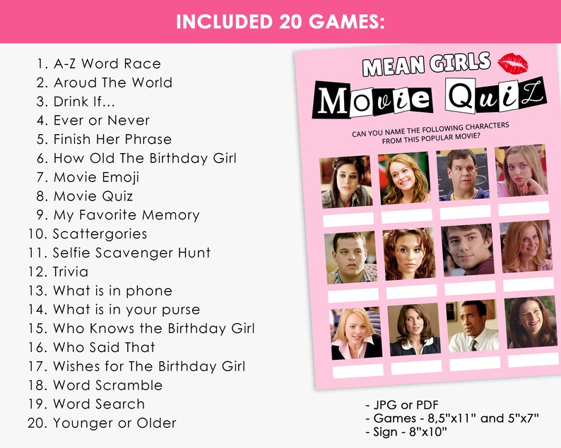 Mean Girls Birthday Games, BUNDLE, Mean Girls Theme Birthday Party, Set ...