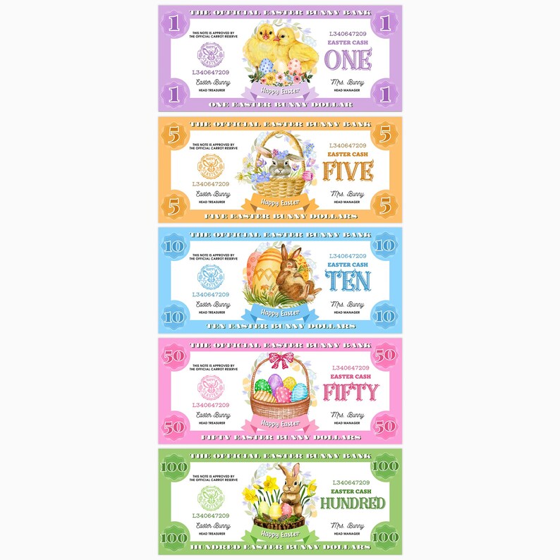 Easter Hunt Bunny Bucks, Printable, Easter Play Money, Easter Dollar ...