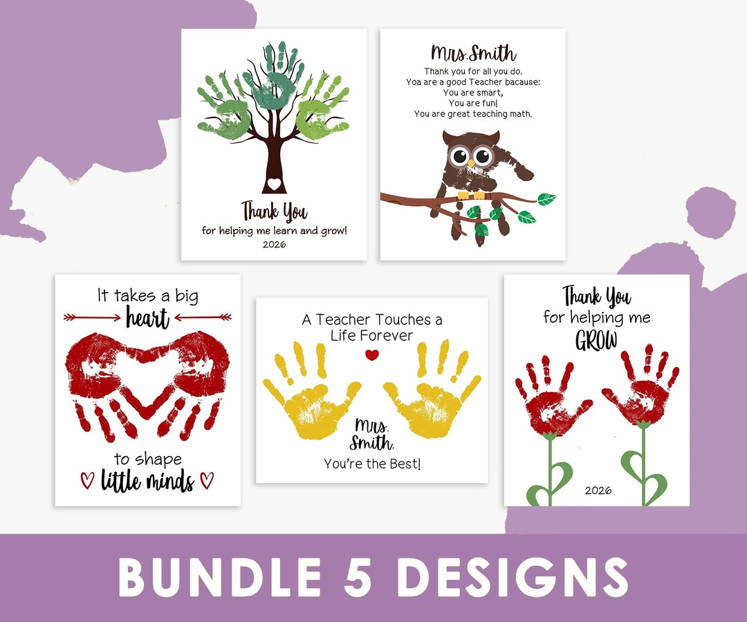 5 Teacher Appreciation Handprint Art Craft Bundle, DIY Editable Teacher ...