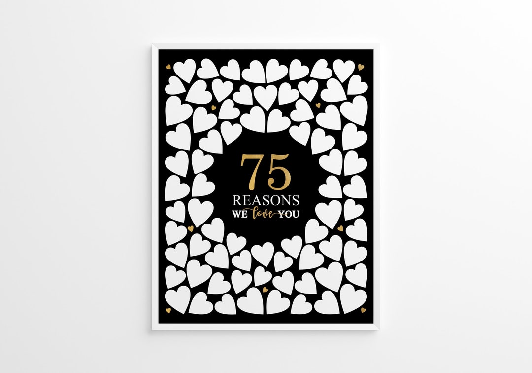 75 Reasons We Love You, Personalized, 75th Birthday Decoration, Seventy Five Man Birthday, Guest ...