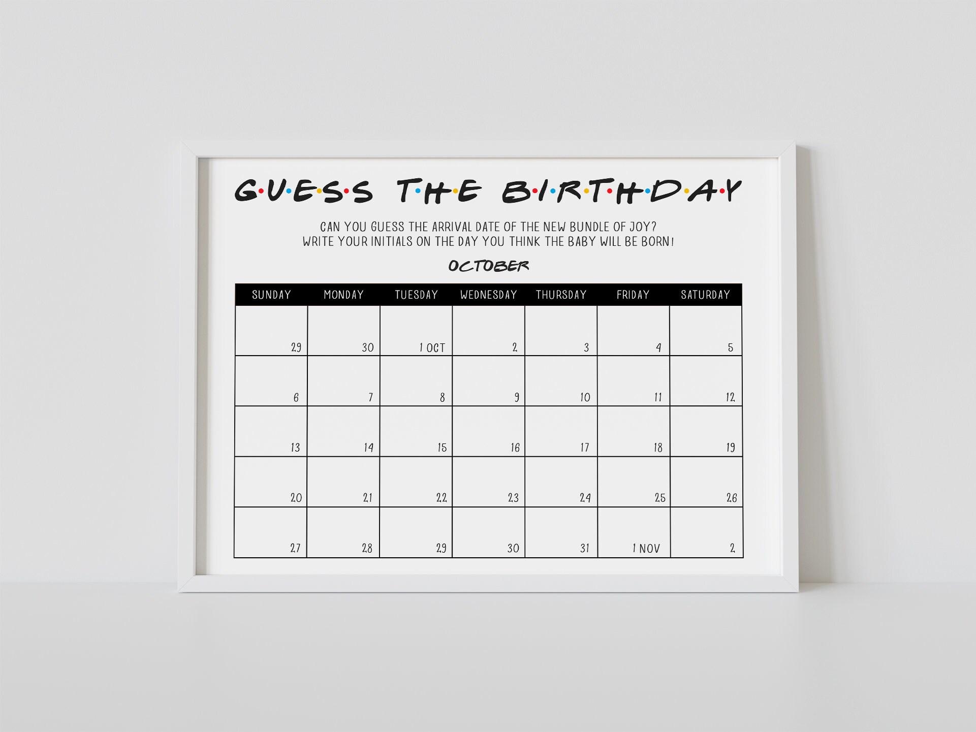 Guess the Birthday, Friends Baby Shower Due Date Calendar, Editable ...