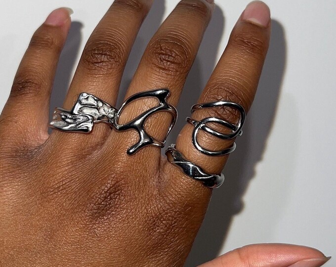 Minimalist Irregular Stainless Steel Silver Ring Melted Liquid Metal ...