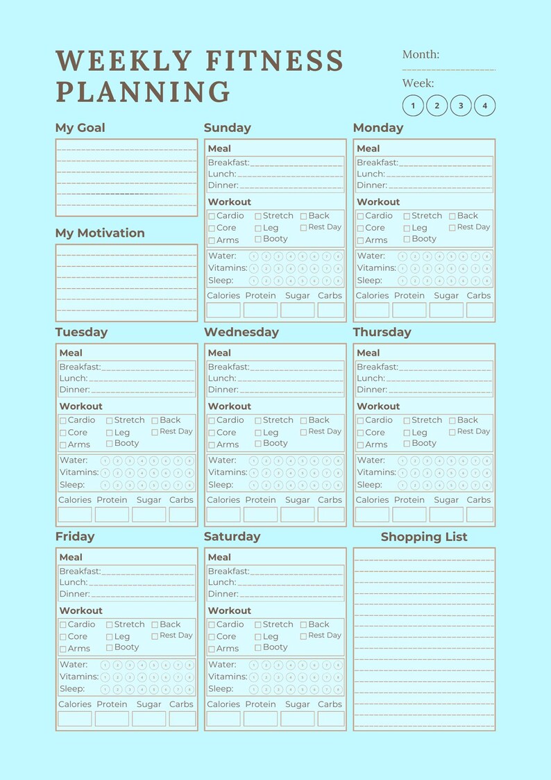 All-in-one Fitness Planner | Printable Workout Schedule, Meal Tracker ...