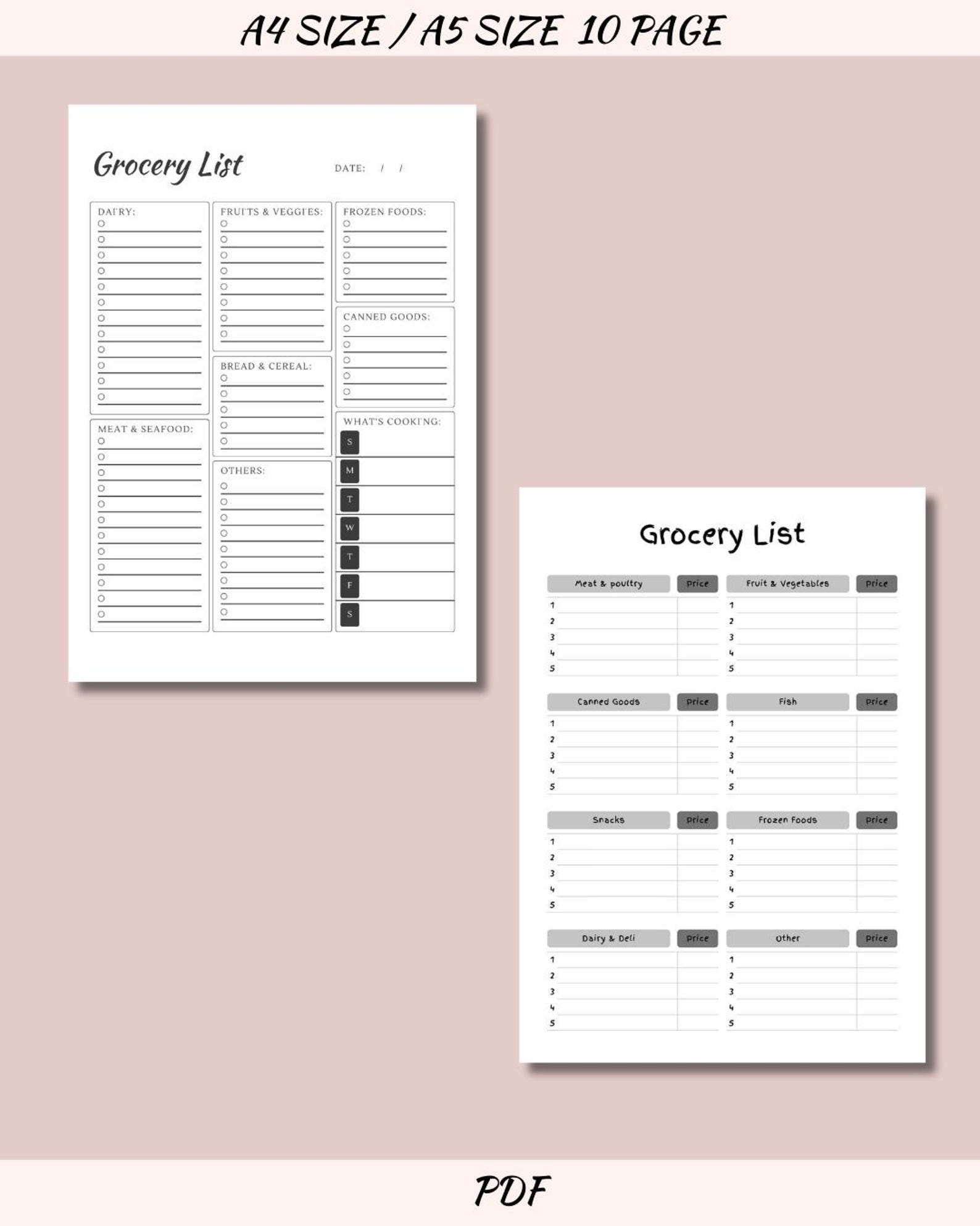 Minimalist Grocery List Bundle, 10 Printable Templates for Organized ...