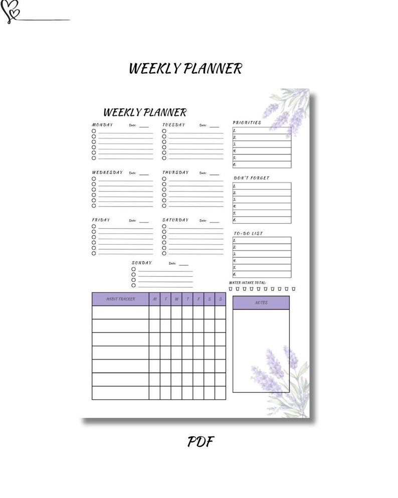 Lavender Weekly Planner, Printable & Digital Template, to Do List ...