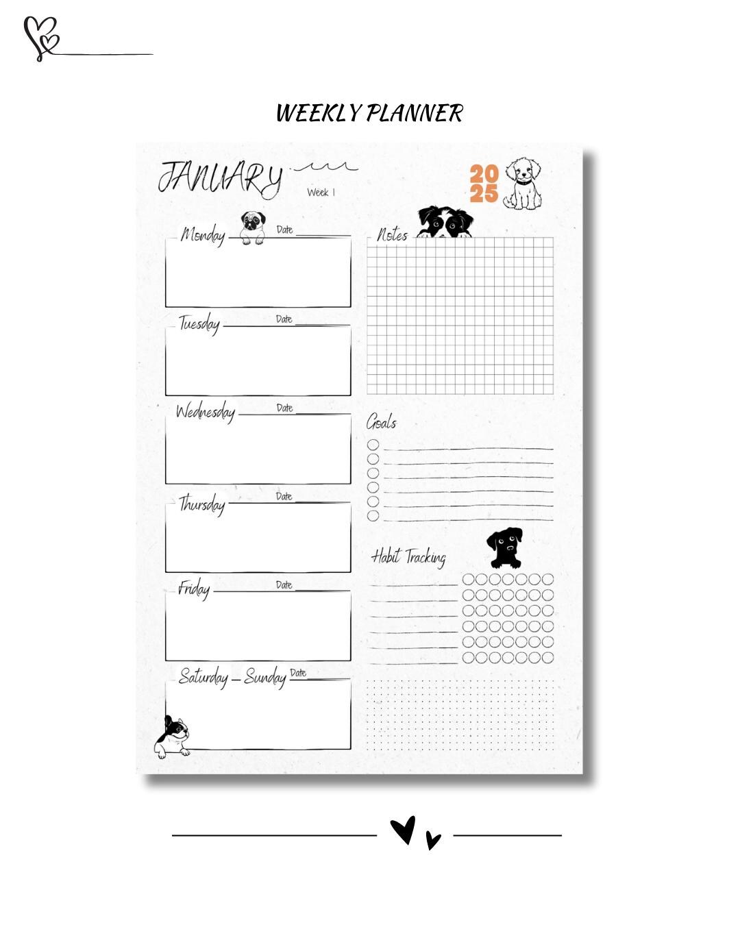 Cute Dog Themed Weekly, Monthly and Daily Planner, Printable PDF in A4 ...