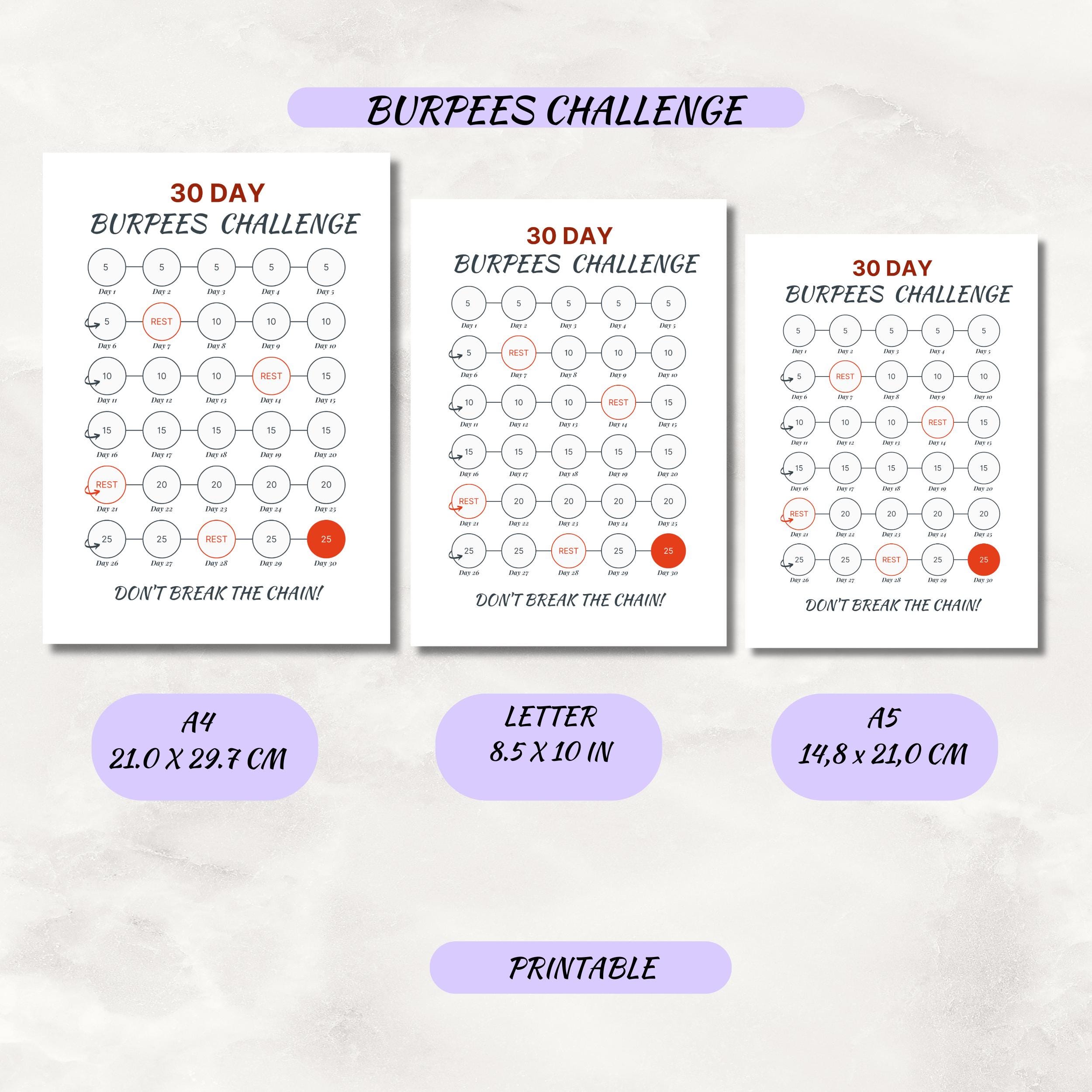 Burpees Challenge, 30-day Full-body Workout Plan, Printable Fitness ...