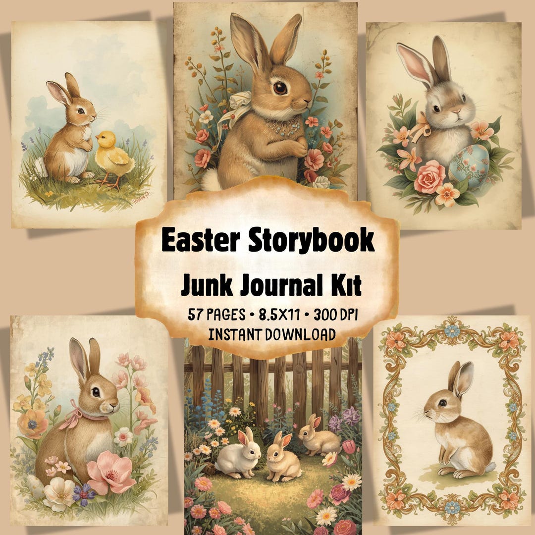 Easter Storybook Junk Journal Kit, Whimsical Spring Bunny Ephemera ...