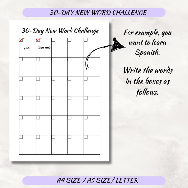 30-day New Word Challenge, Printable Language Learning Tracker ...
