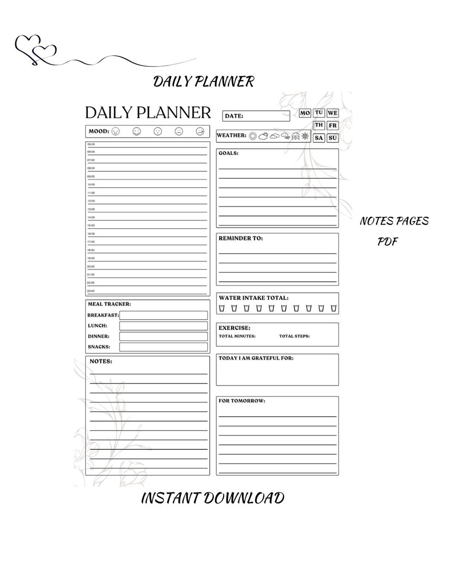 Digital Daily Planner Leaf Pattern, Printable A3/A4/A5 Food, Exercise ...