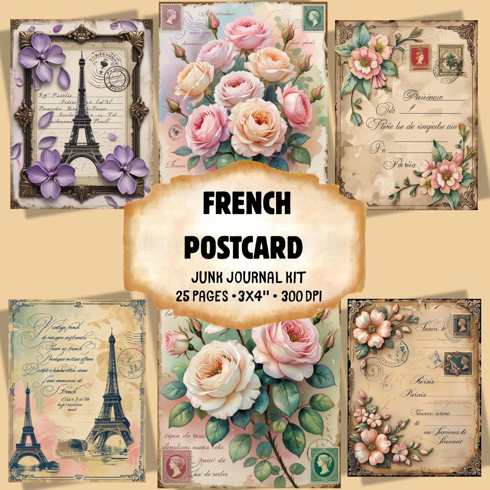 French Postcard Junk Journal Cards: 25 Vintage Ephemera (digital ...