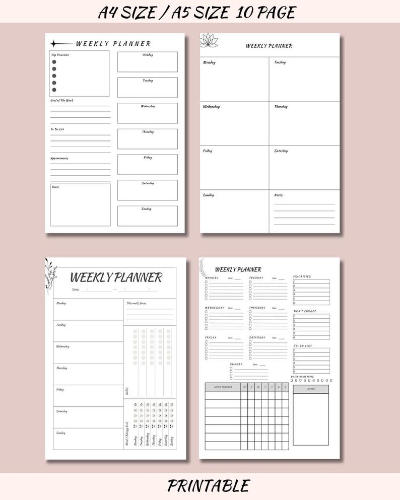 Minimalist Weekly Planner Bundle, 10 Printable Designs, A4 & A5 Sizes ...