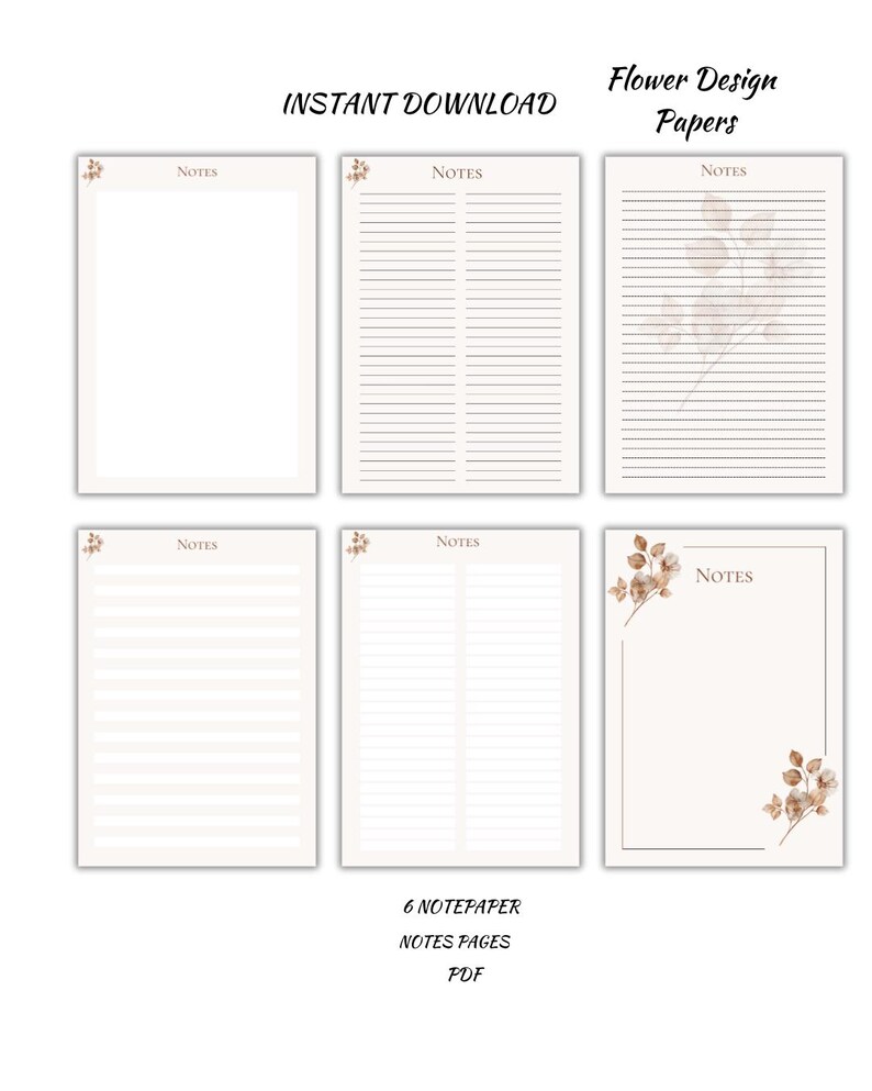 Elegant Floral Printable Note Papers, Printable Digital Notepaper ...