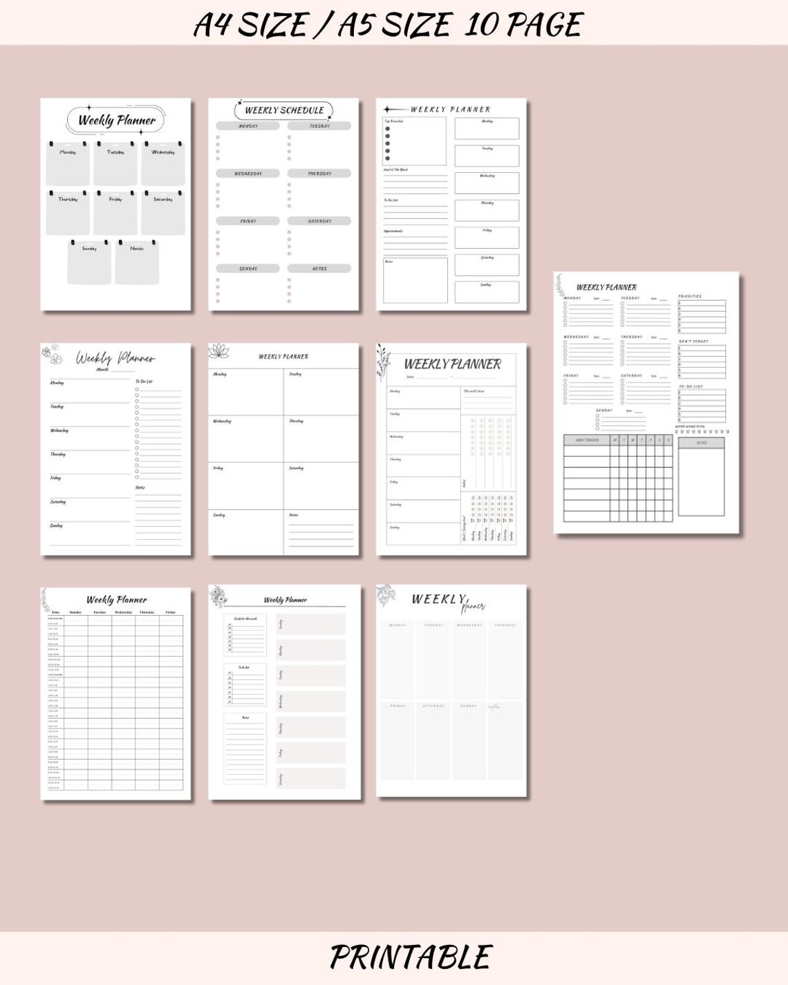 Minimalist Weekly Planner Bundle, 10 Printable Designs, A4 & A5 Sizes ...