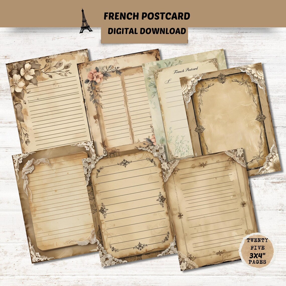 French Postcard Junk Journal Cards: 25 Vintage Ephemera (digital ...
